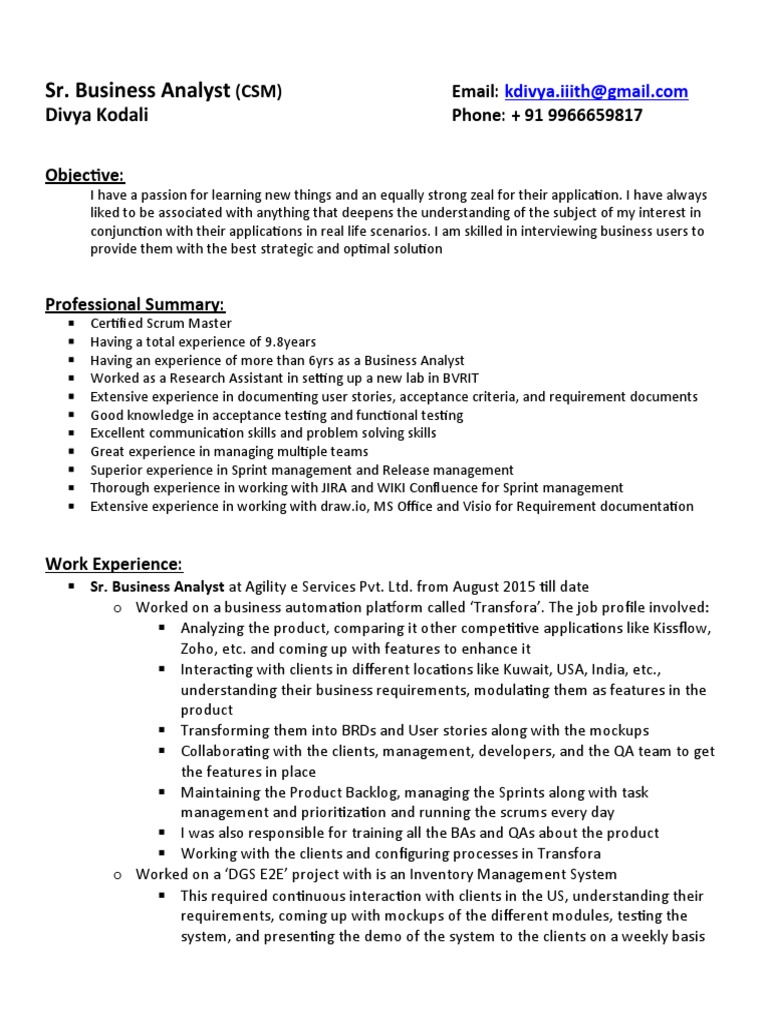 Sr. Business Analyst: Divya Kodali | Download Free PDF | Scrum ...