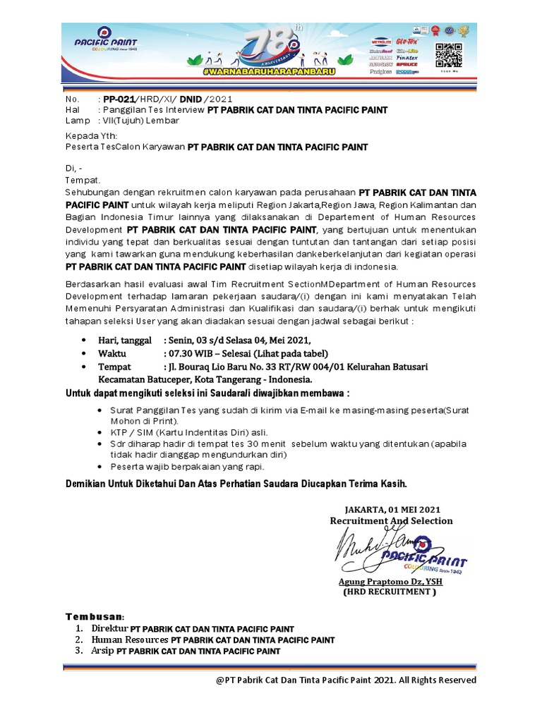 Undangan Tes Interview PT Pabrik Cat Dan Tinta Pacific Paint - Jakarta ...