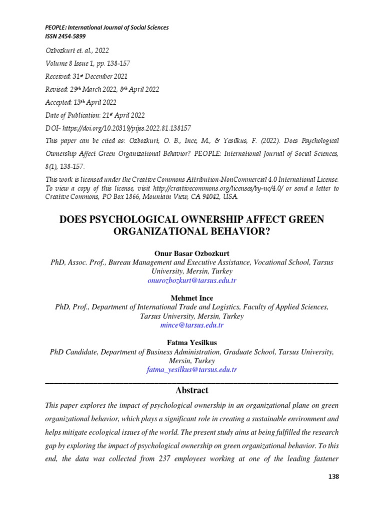 Does Psychological Ownership Affect Green Organizational Behavior? | PDF