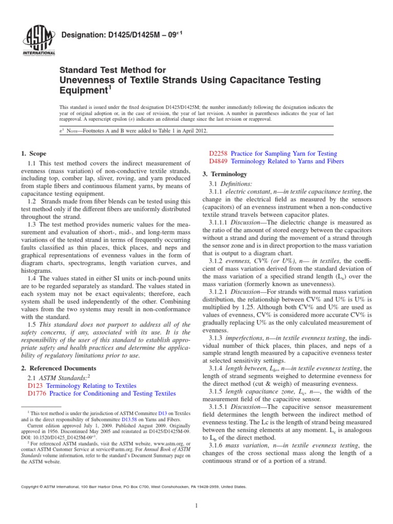 ASTM D1425 - D1425M-2009e1 - 7500 | PDF | Yarn | Capacitor