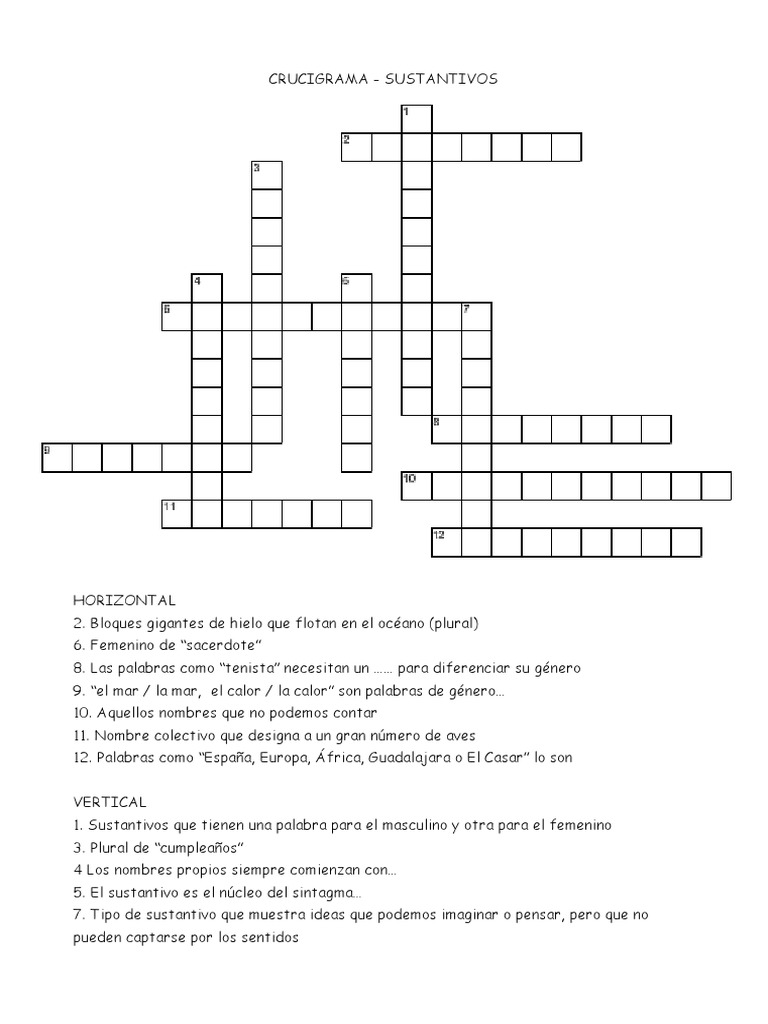 Crucigrama Tipos de Sustantivos | PDF