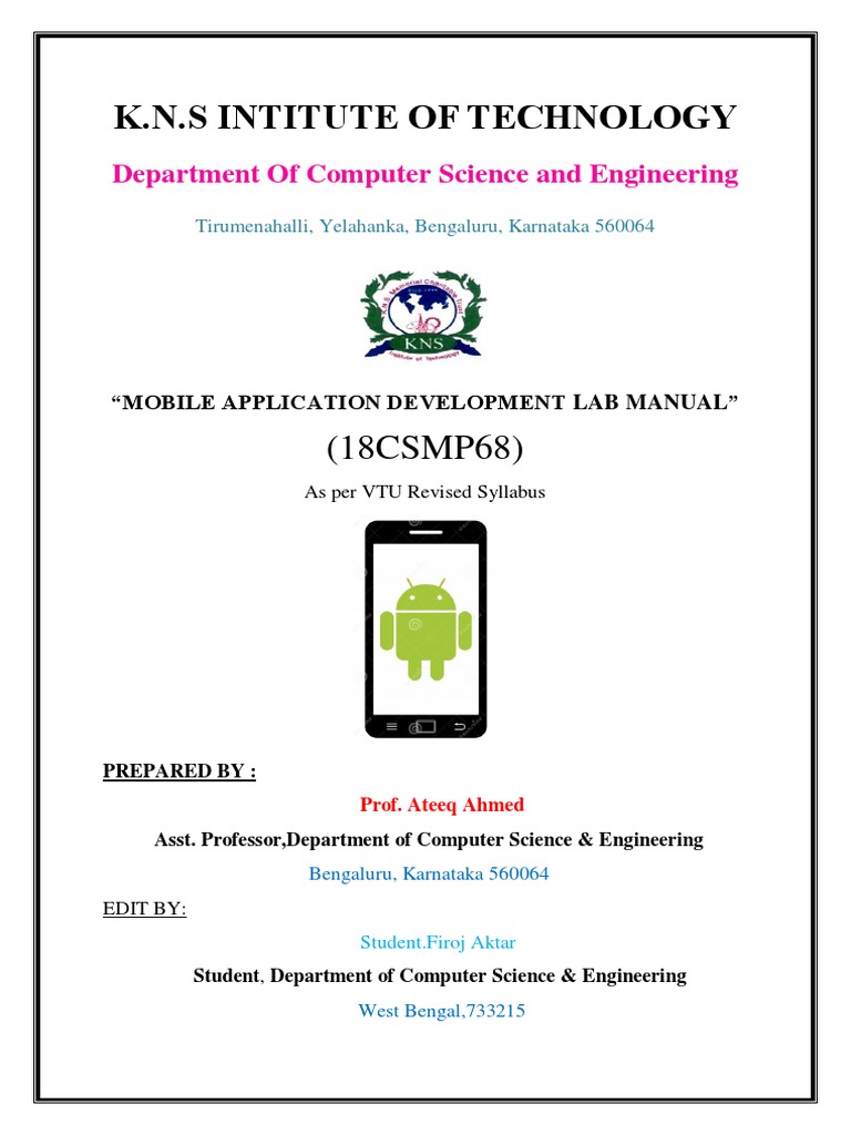 18csmp68 Lab Manual - Knsit | PDF | Android (Operating System) | Password