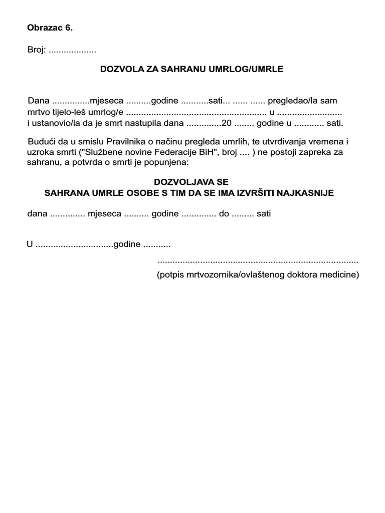 Dozvola Za Sahranu Umrlog | PDF
