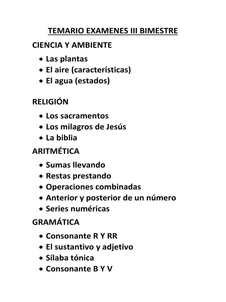 Temario Examenes III Bimestre | PDF