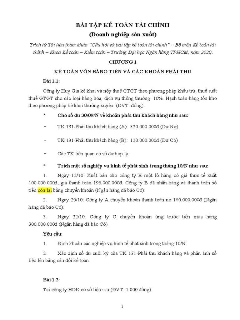 ACC302 Bài tập môn KTTC -đề cương 2020 | PDF