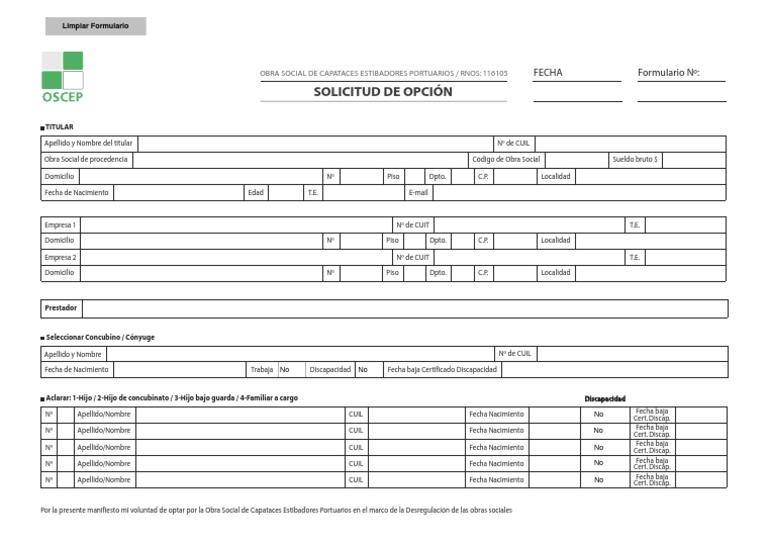 Formulario OSCEP - Frente | PDF