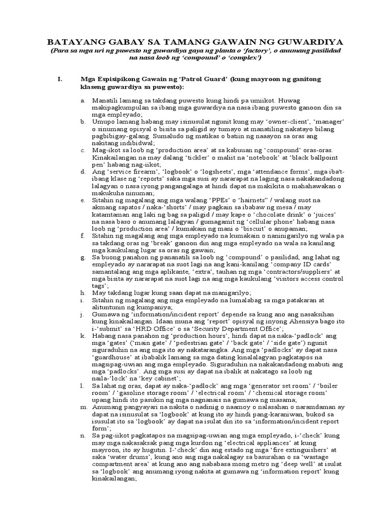 Batayang Gabay Sa Tamang Gawain NG Guwardiya - Patrol Guard For Scribd | PDF