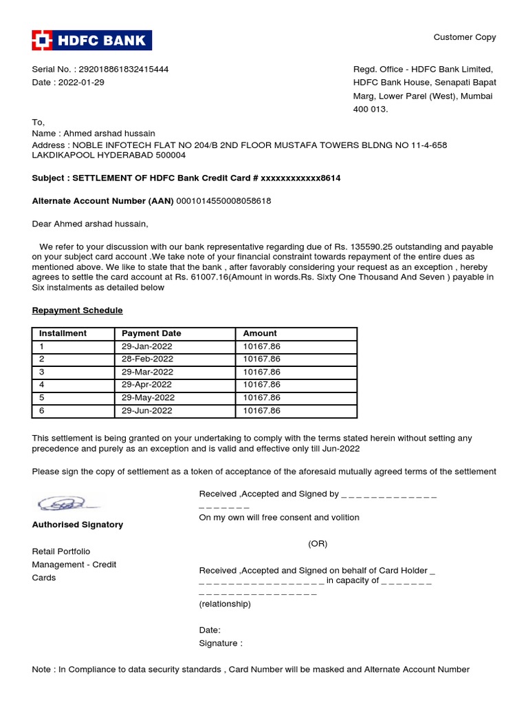 Subject: SETTLEMENT OF HDFC Bank Credit Card # xxxxxxxxxxxx8614 Alternate Account Number (AAN ...