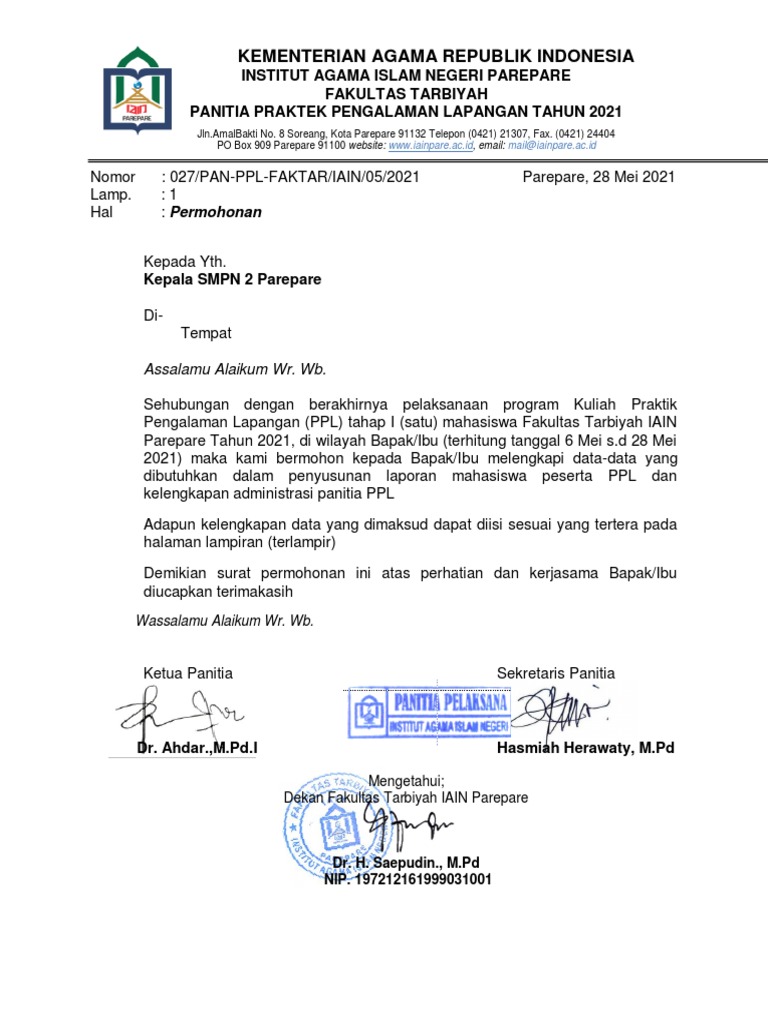 Surat Permohonan Data Guru Pamong | PDF