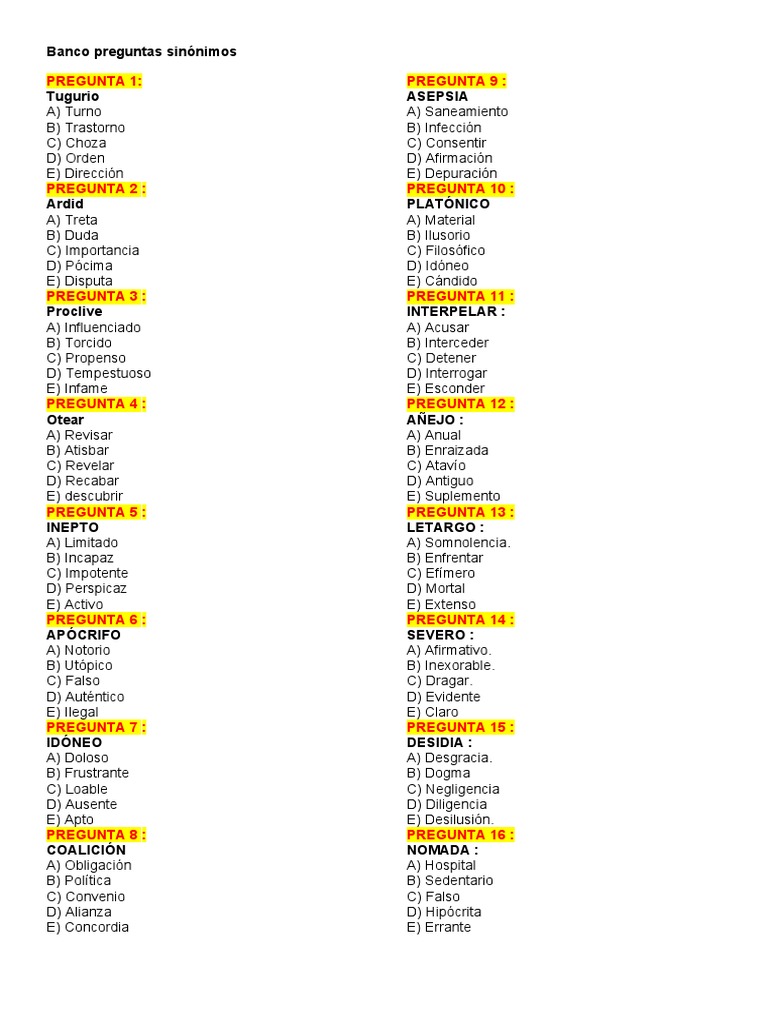Banco Preguntas Sinónimos y Antonimos | PDF