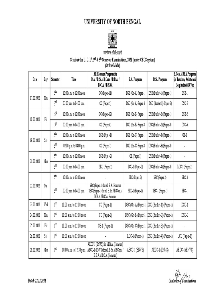University of North Bengal: Schedule For U. G. 1, 3 & 5 Semester ...