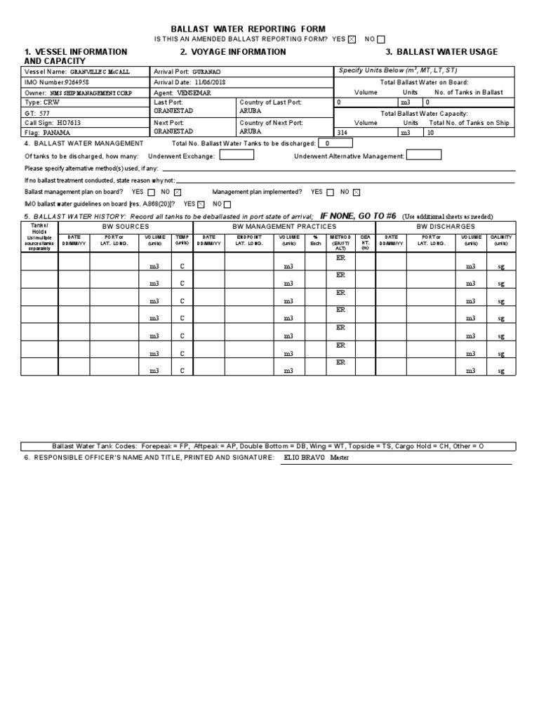 Ballast Water Management Form | PDF | Transport | Ships