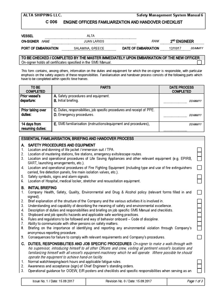Form C006 ENG OFF Familiarisation-Handover OK | PDF | Engines | Pump