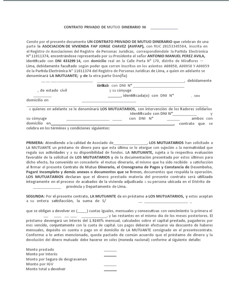 Contrato de Mutuo - Modelo | PDF