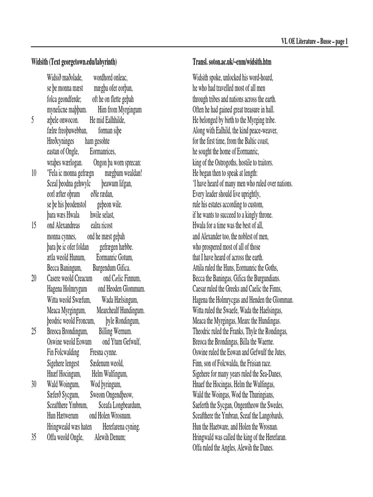 Widsith (Text Georgetown - Edu/labyrinth) Transl. Soton - Ac.uk/ Enm ...