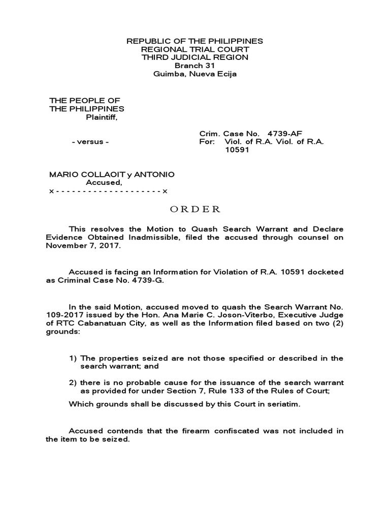 Order - Motion To Quash SW | PDF