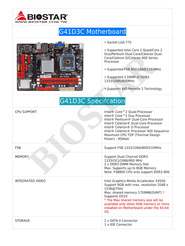 Biostar g41d3c Spec | PDF | Computing | Personal Computers