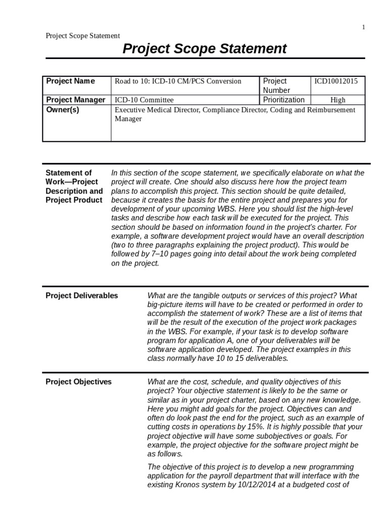 Project Scope Statement: Project Name Project Manager Owner(s) | PDF ...