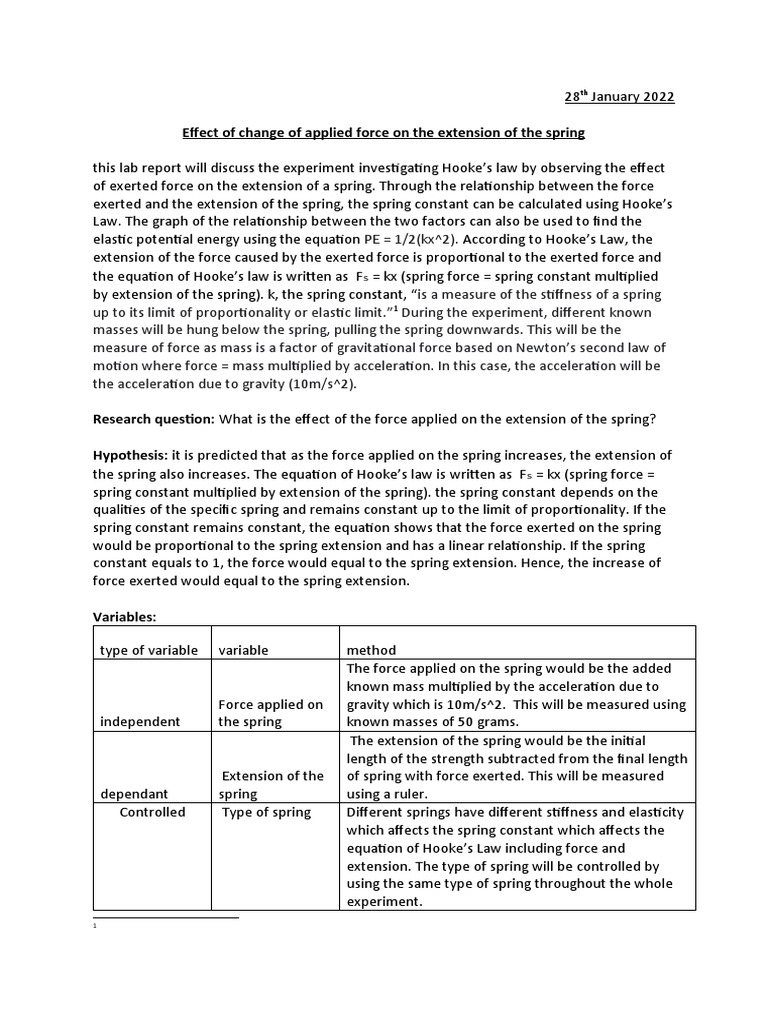 Spring Extension Lab Report | PDF | Force | Potential Energy