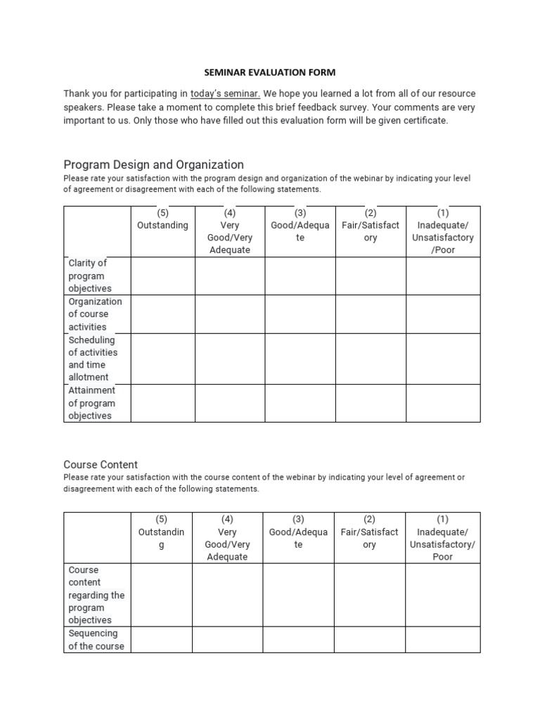Seminar Evaluation Form | PDF | Cognition