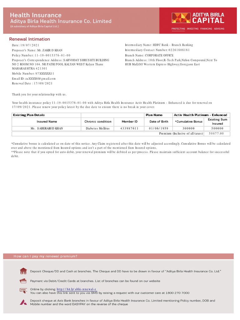 Renewal Intimation: Insured Name Chronic Condition Member ID Date of ...