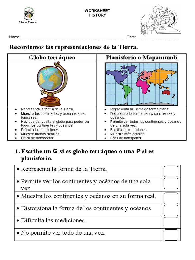 WORKSHEET Globo Terraqueo y Planisferio | PDF | Tierra | Navegación