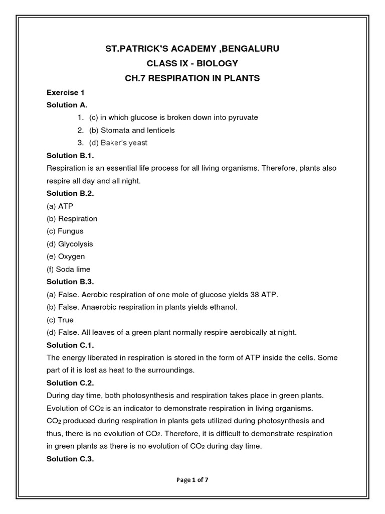Respiration in Plants: Class 9 Overview | PDF | Cellular Respiration ...