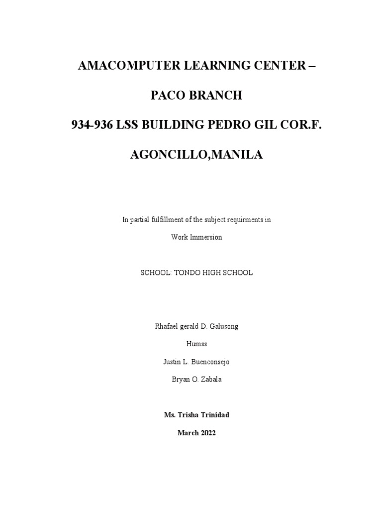 Amacomputer Learning Center - Paco Branch 934-936 Lss Building Pedro Gil Cor.F. Agoncillo ...