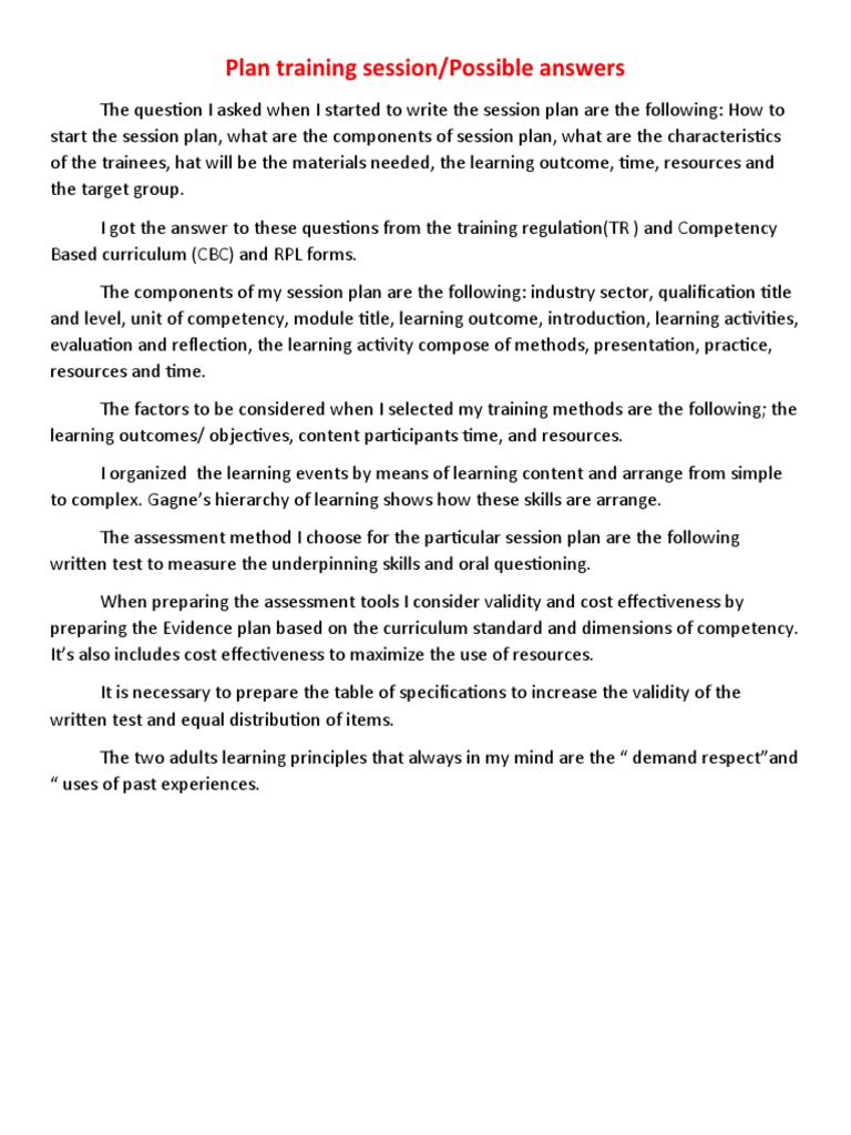 Answer To Plan Training Session | PDF | Educational Assessment | Learning