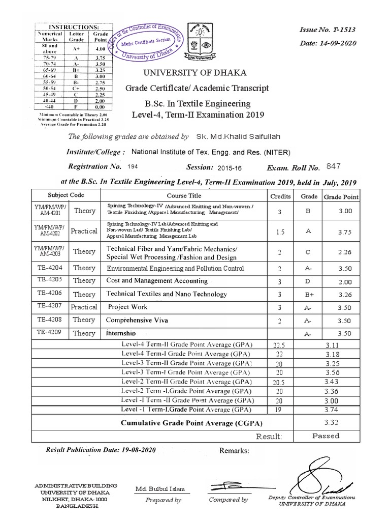 University of Dhaka Grade Certiflcate/ Academic Transcript B.Sc. in ...