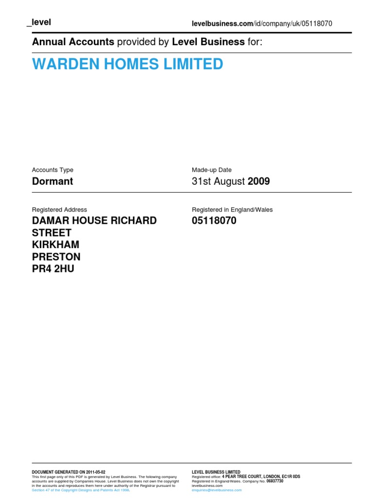 WARDEN HOMES LIMITED - Company Accounts From Level Business | PDF