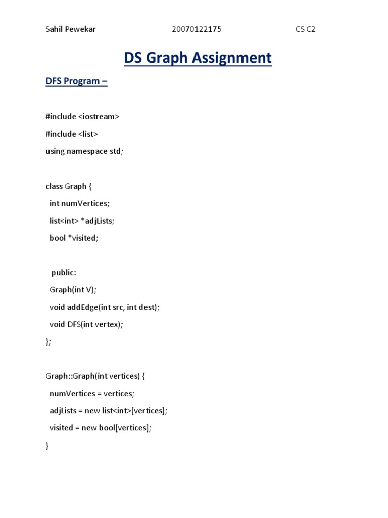 DS Graph Assignment: DFS Program | PDF | Vertex (Graph Theory) | Graph Theory