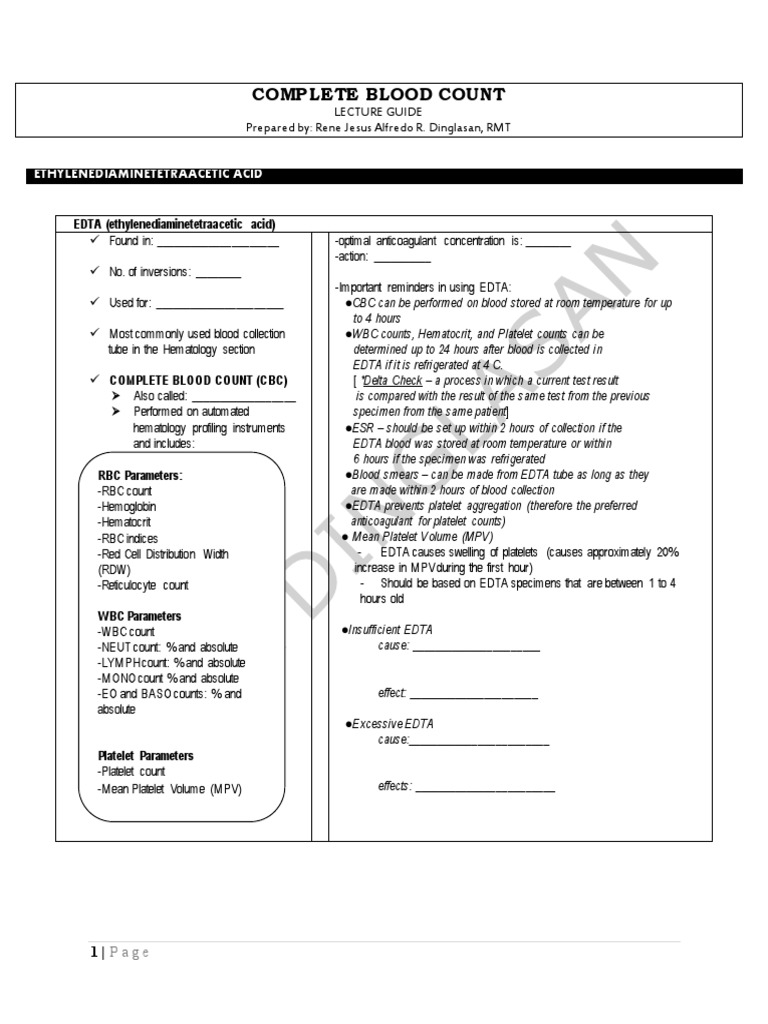 COMPLETE BLOOD COUNT Lecture Guide | PDF | White Blood Cell | Body Fluids
