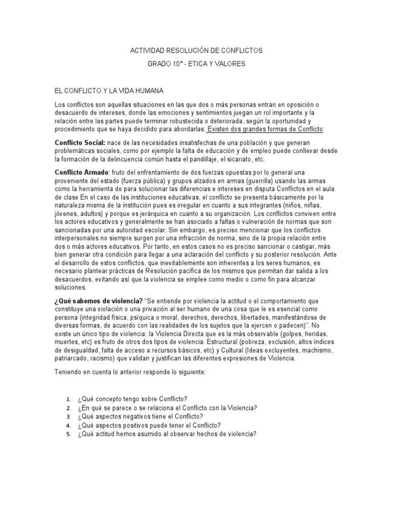 Actividad Resolución de Conflictos | PDF | Conflicto (proceso) | Violencia