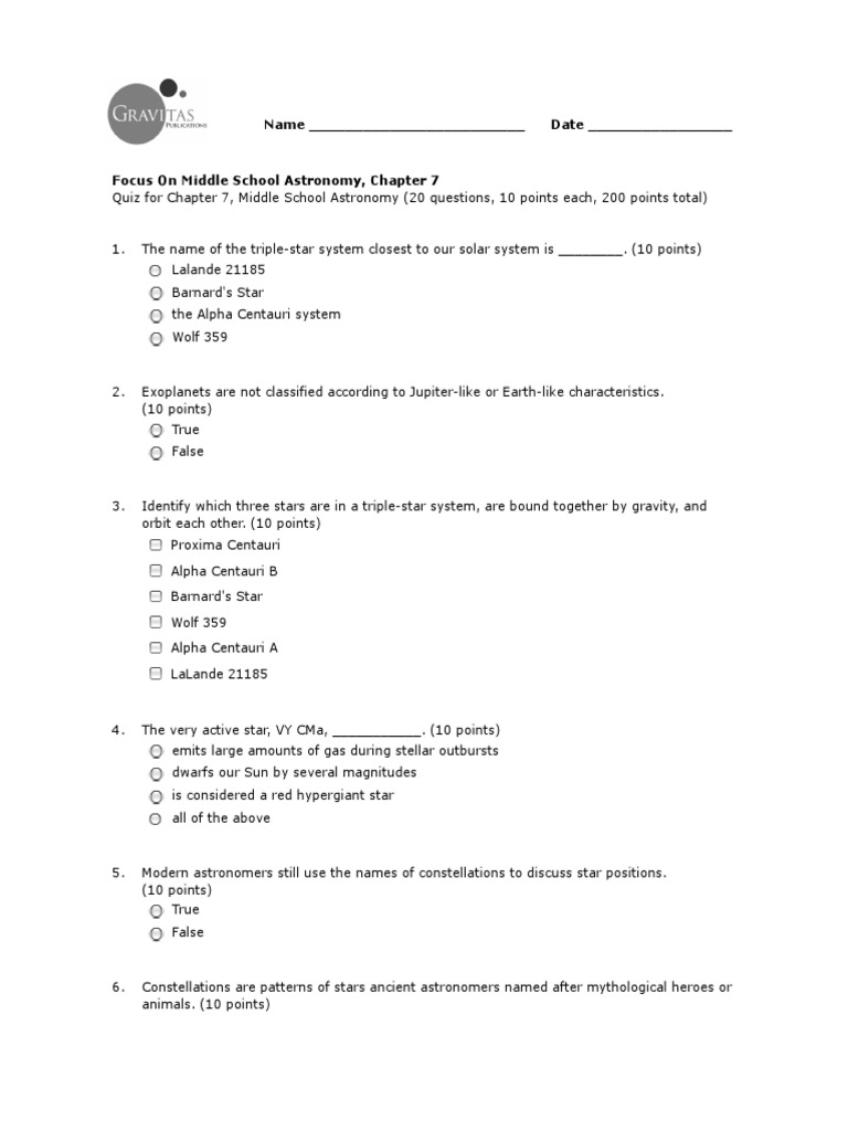 Astron Focus MS Ch7 Quia Quiz | PDF | Stars | Exoplanet