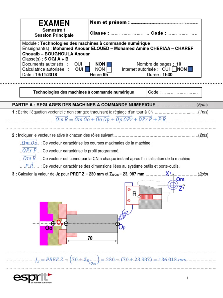 Examen CNC Novmebre 2018 - 5EM Corrigé | PDF