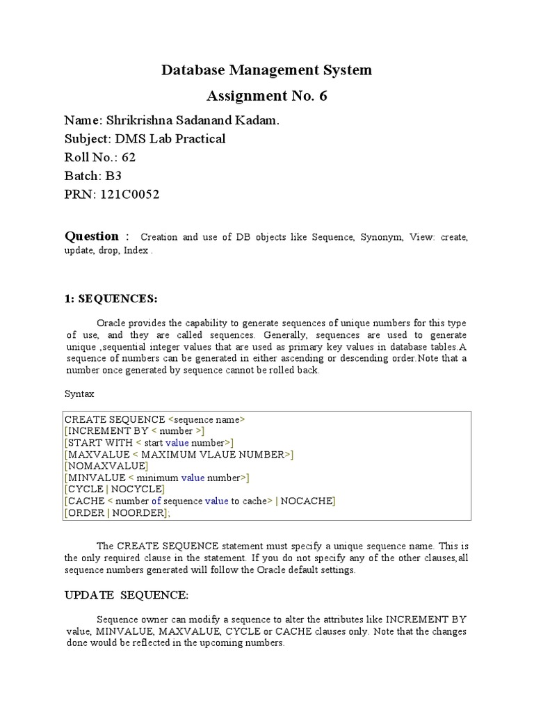 Creating And Managing Common Database Objects Sequences Synonyms Views And Indexes Pdf