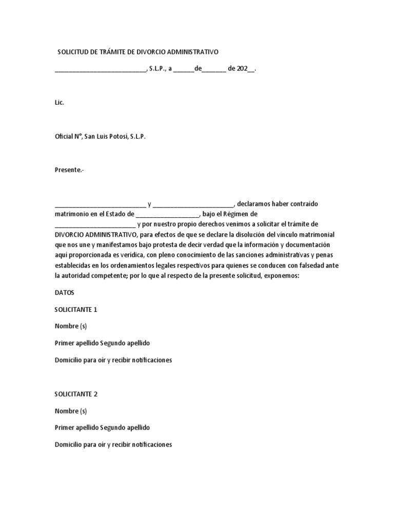 Solicitud de Trámite de Divorcio Administrativo | PDF | Divorcio ...