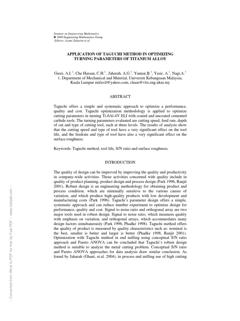 08 Sem 07-Application of Taguchi Method in Optimizing Turning Parameters of Titanium Alloy | PDF