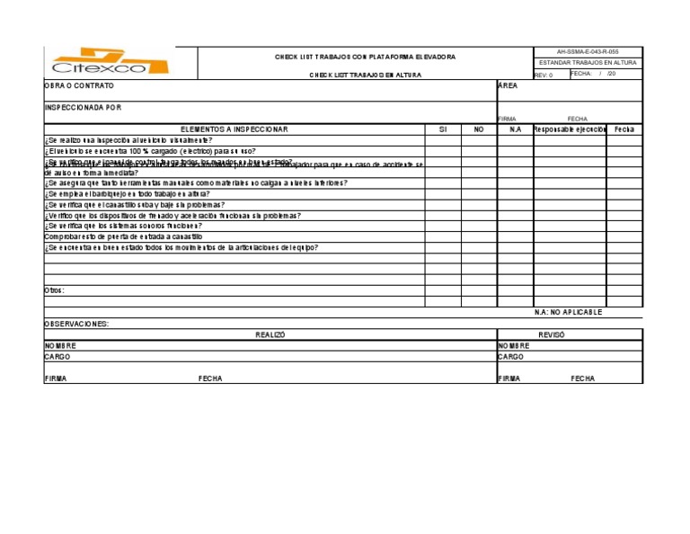 Check List Plataforma Elevadora | PDF