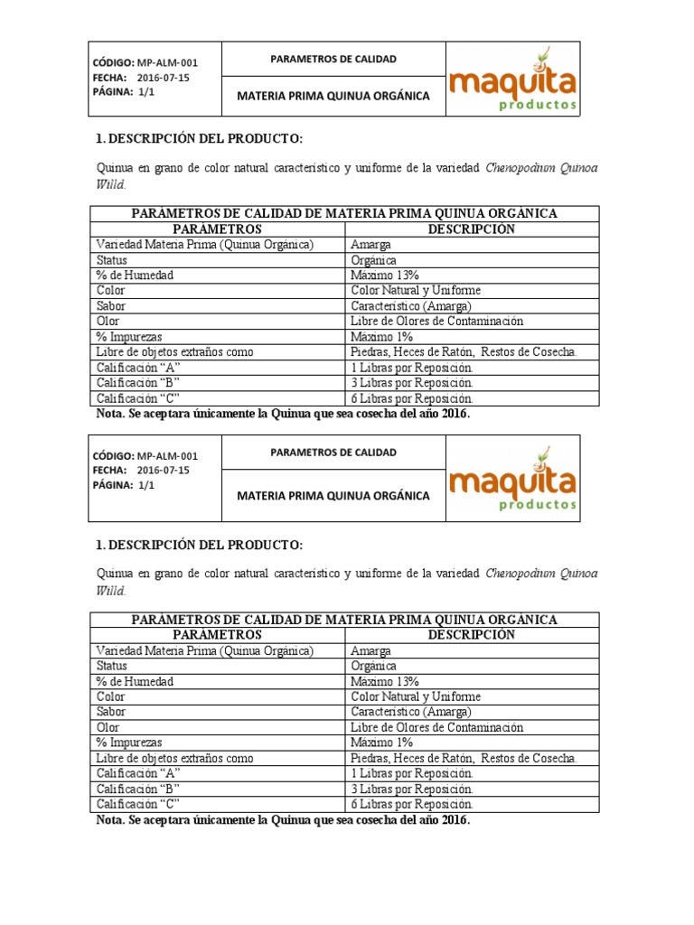 Parametros de Calidad Materia Prima | PDF