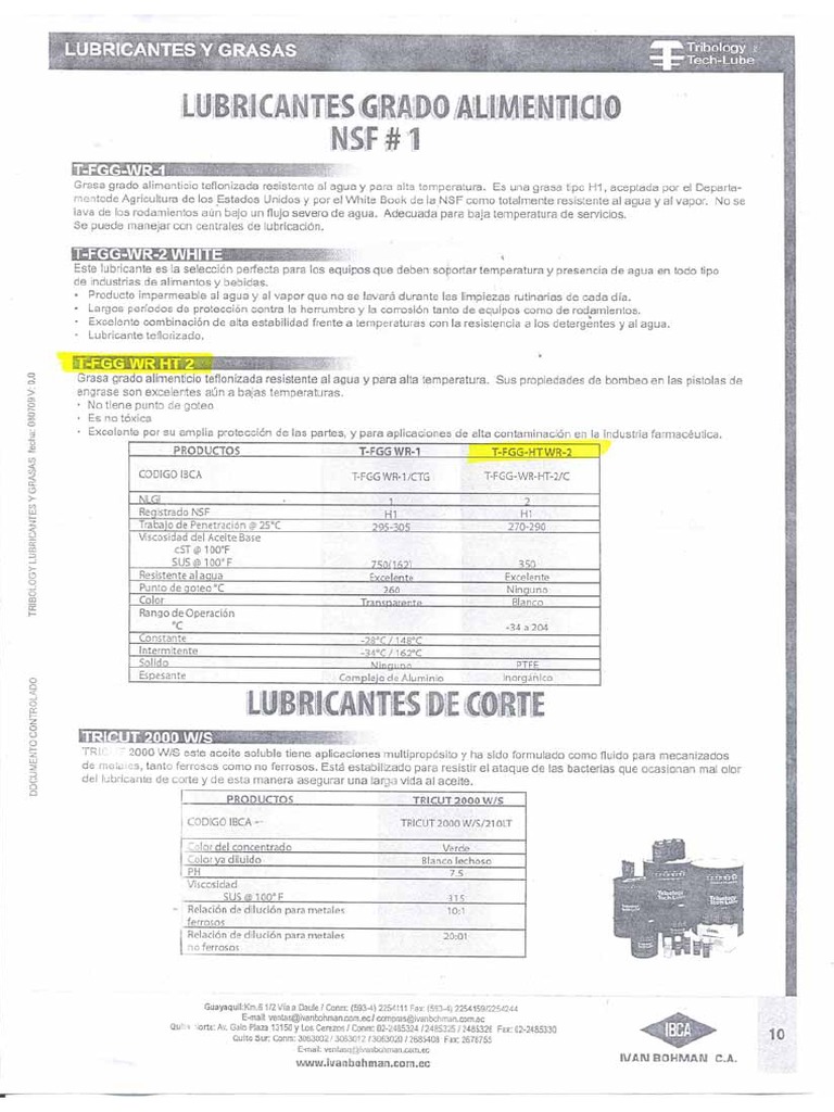 Lubricante Grado Alimenticio | PDF