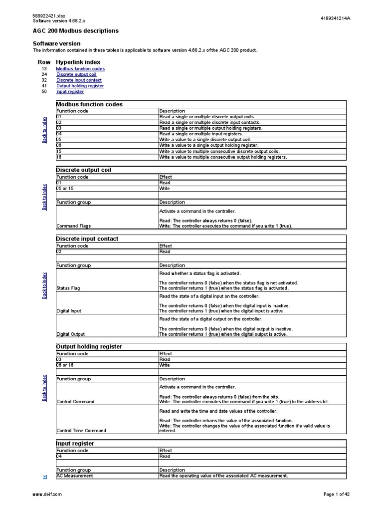 AGC 200 Modbus Descriptions Software Version Row Hyperlink Index | PDF ...