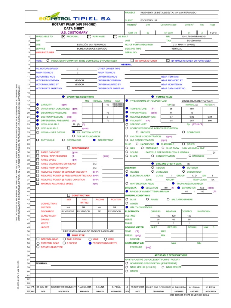 Rotary Pump (Api 676-3Rd) Data Sheet: U.S. Customary | PDF | Pump ...