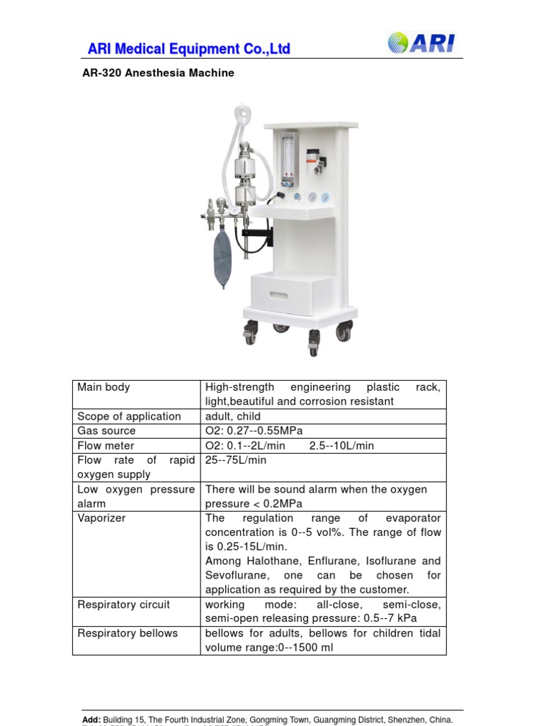 ARI Anesthesia Machine Specifications | PDF | Nitrous Oxide | Breathing