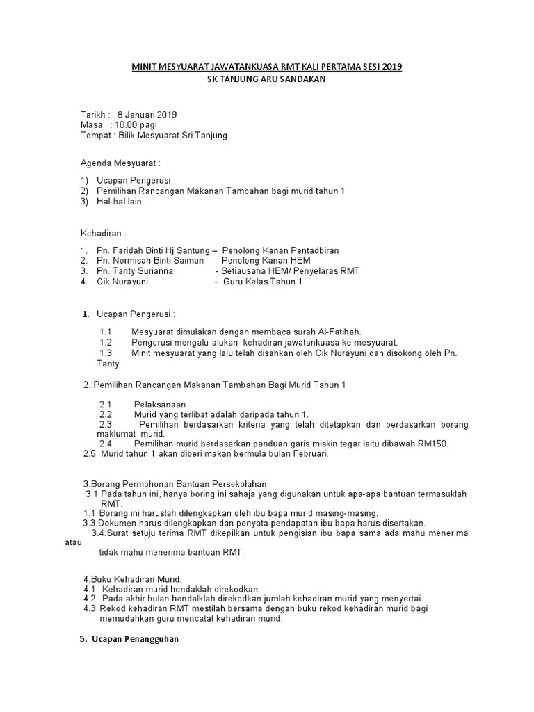 Minit Mesyuarat Jawatankuasa RMT Kali Pertama Sesi 2019 | PDF