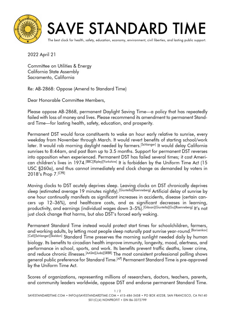 AB-2868 Oppose - Save Standard Time | PDF | Daylight Saving Time