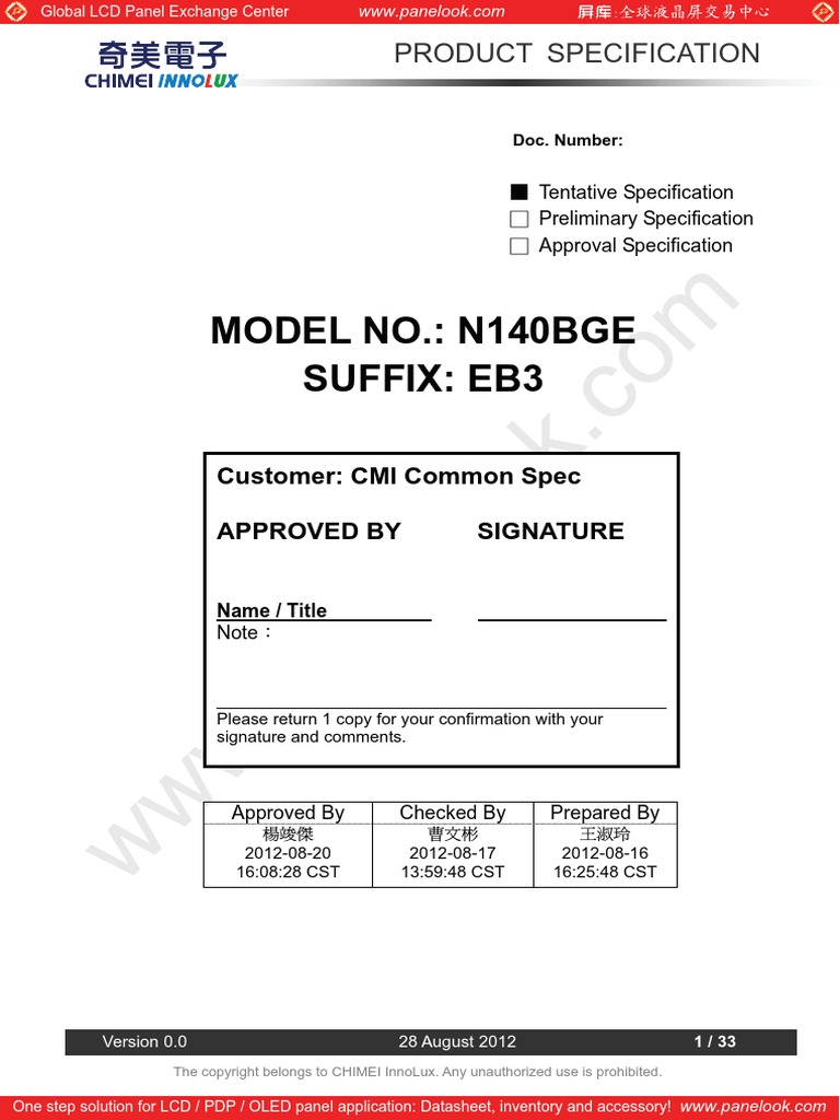 N140BGE EB3 CHIMEIInnolux | PDF | Liquid Crystal Display | Thin Film Transistor Liquid Crystal ...
