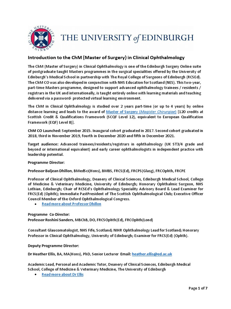 Introduction to the ChM (Master of Surgery) in Clinical Ophthalmology ...