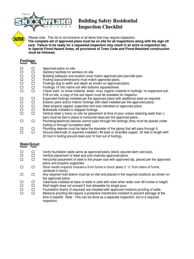 Building Safety Residential Inspection Checklist: Footings | Download ...